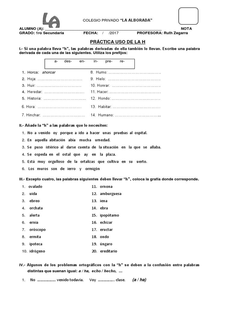 1ro Sec. Uso de La H | PDF