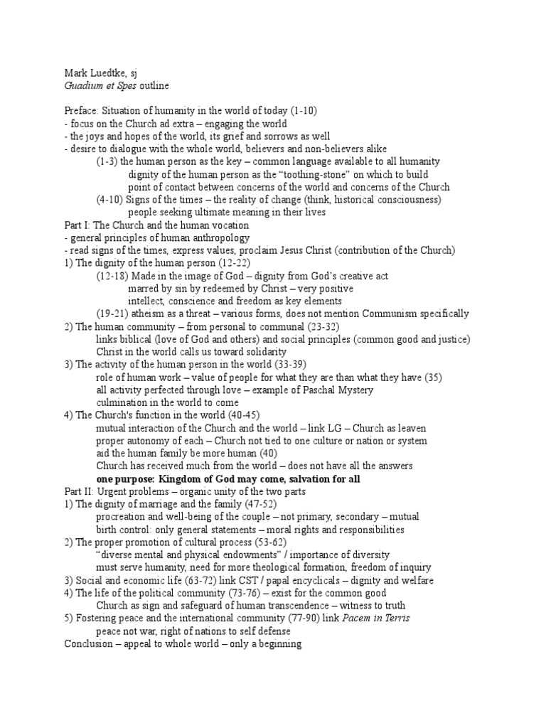 Guadium Et Spes Outline: One Purpose: Kingdom of God May Come ...