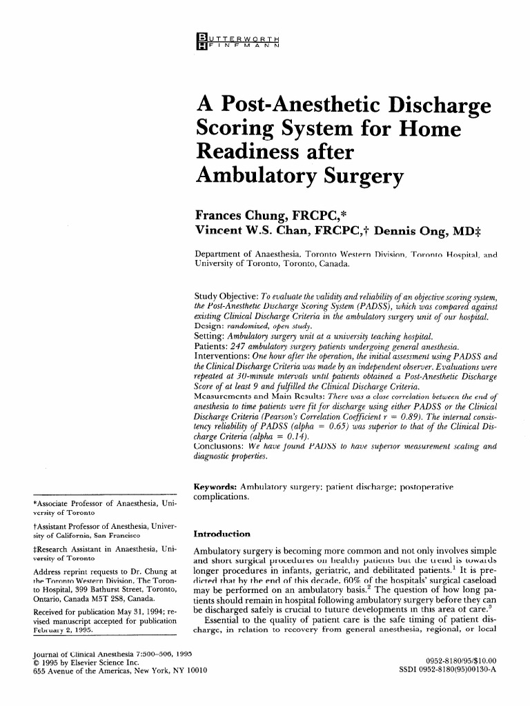 A Post-Anesthetic Discharge Scoring System For Home Readiness After ...