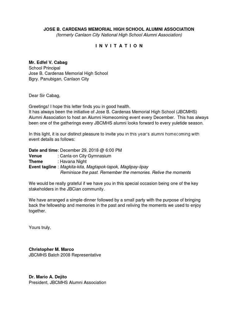 Batch 2008 - Alumni Homecoming Invitation Letter | PDF | Sports ...