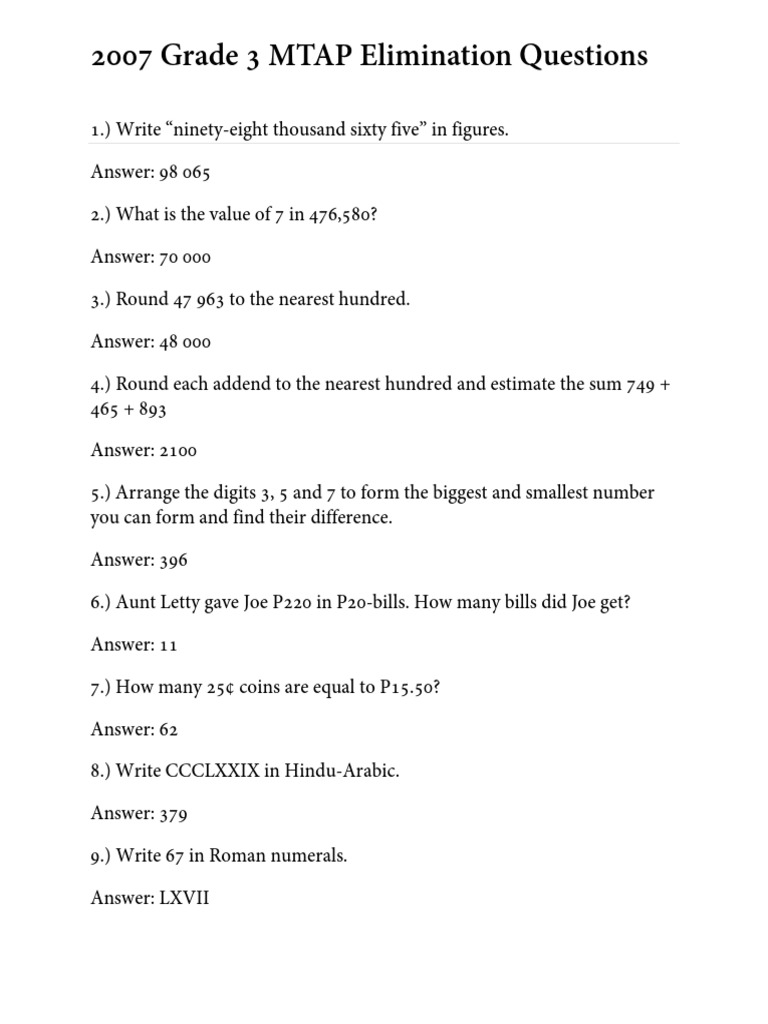 Grade 3 MTAP Elimination Questions 2007 | PDF | Elementary Mathematics ...