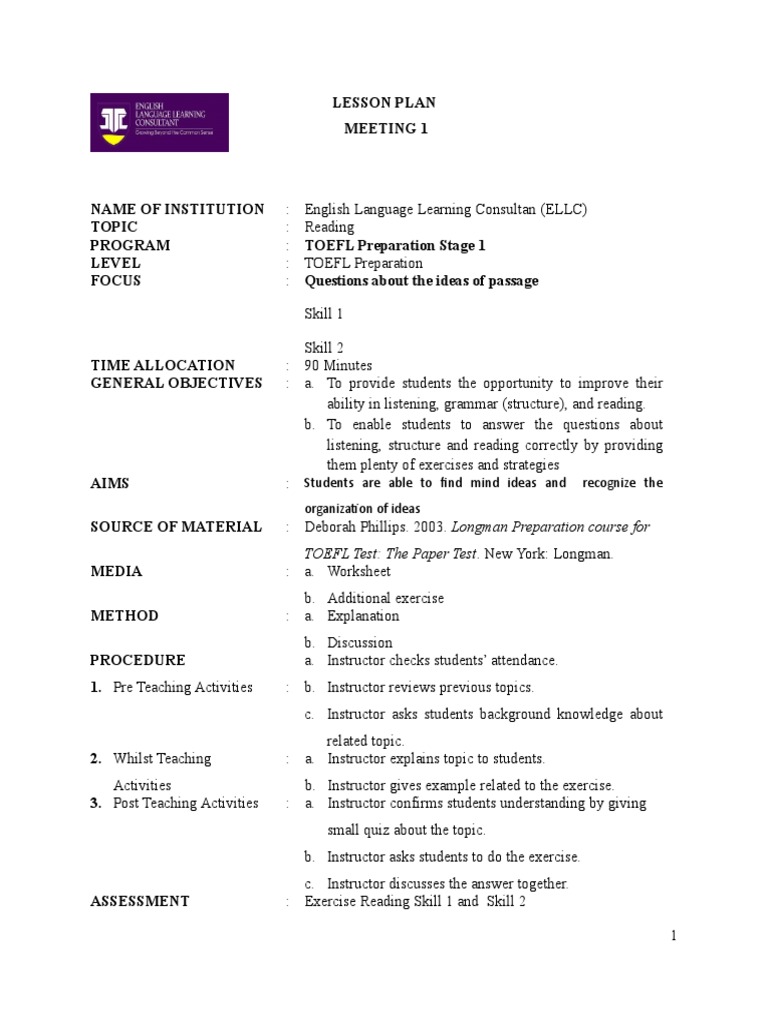 Lesson Plan TOEFL 1 | PDF | Lesson Plan | Test Of English As A Foreign ...
