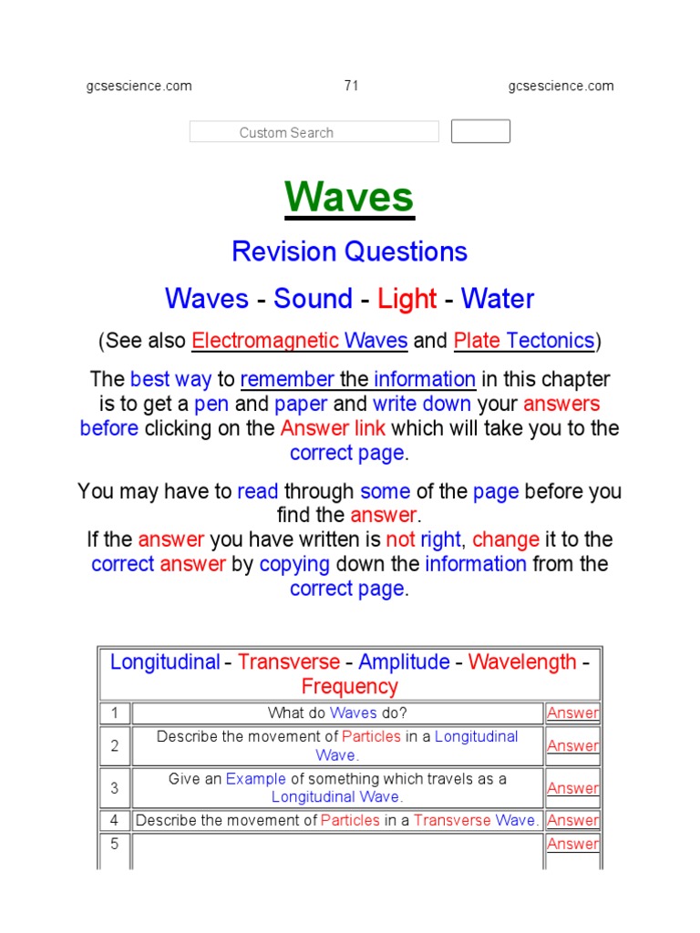 Waves: Revision Questions Waves Sound Water | PDF | Waves | Reflection ...