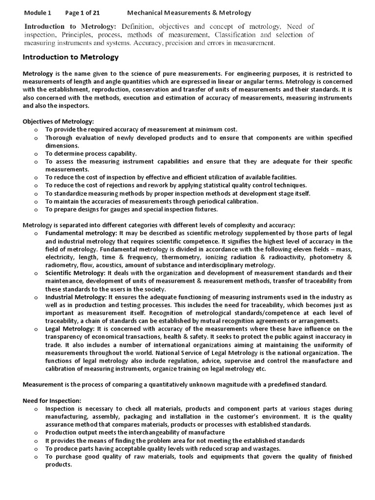 Module 1 Introduction To Metrology PDF | Download Free PDF | Metrology | Calibration