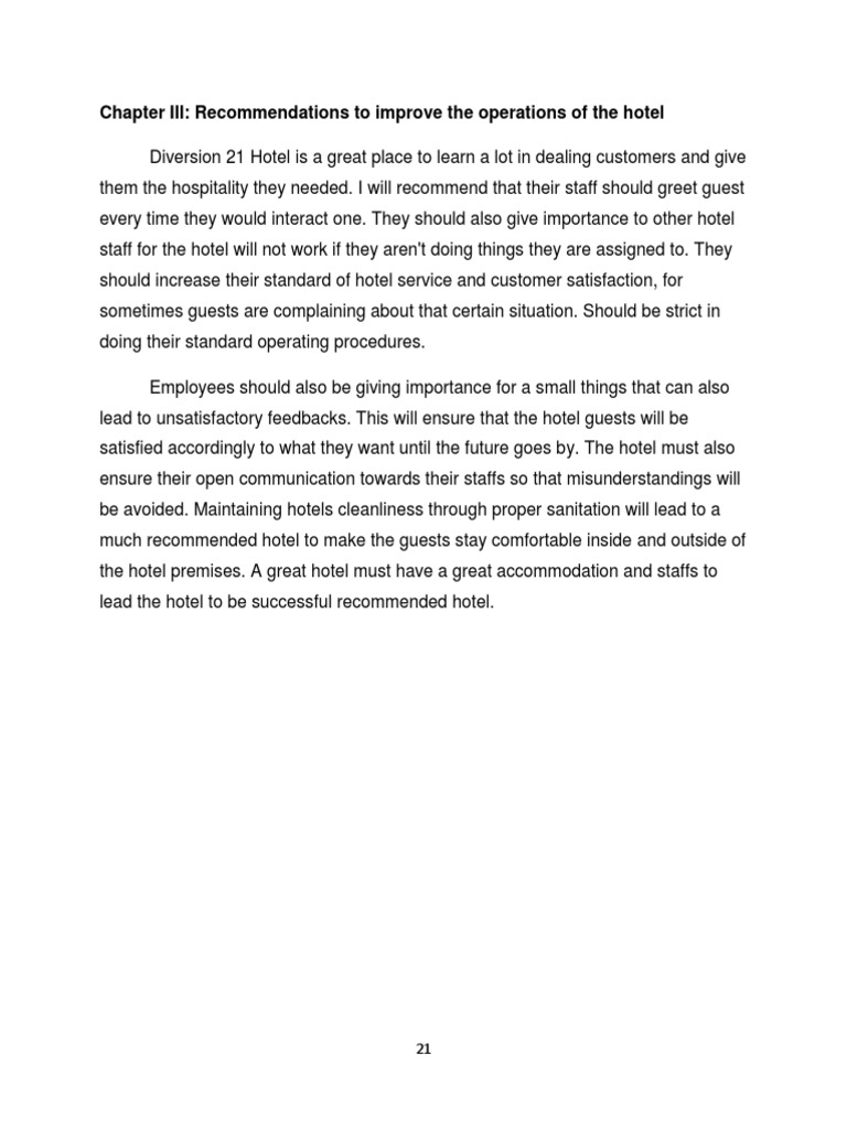 Chapter III: Recommendations To Improve The Operations of The Hotel | PDF