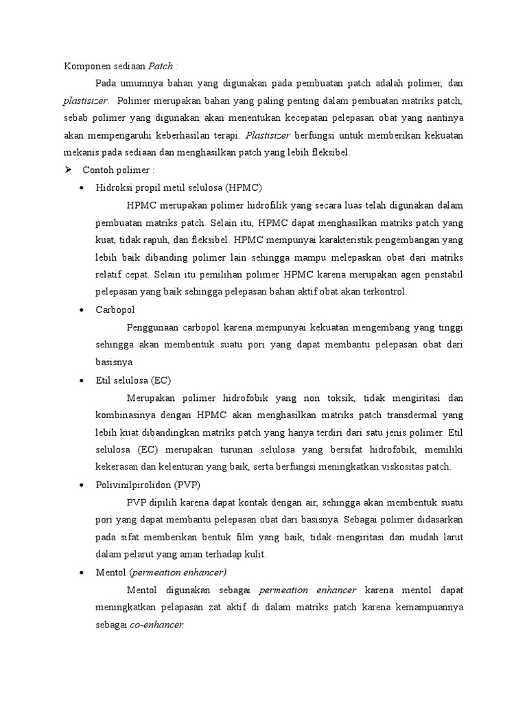Komponen Sediaan Patch | PDF