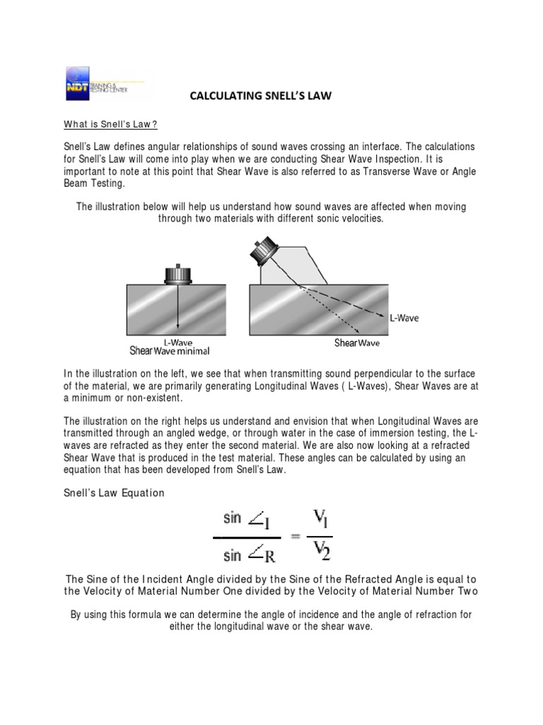 Snell's Law for Shear Wave Testing | PDF | Refraction | Waves