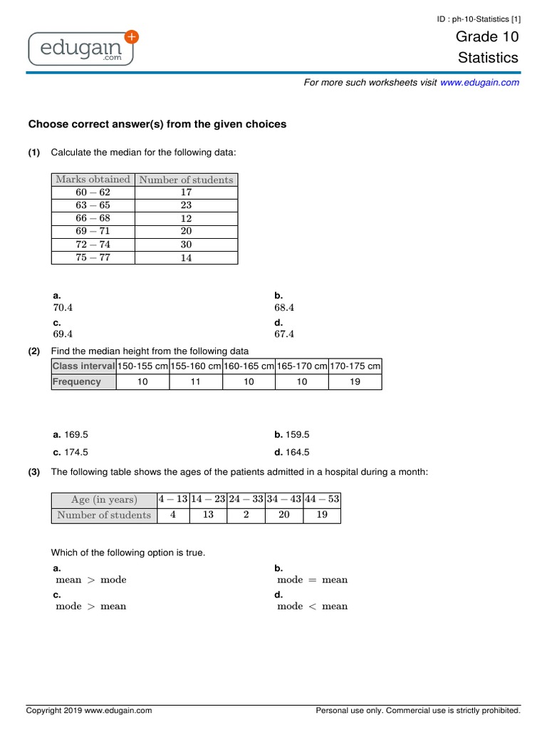 Grade 10 Statistics: Marks Obtained Number of Students | PDF | Mode ...