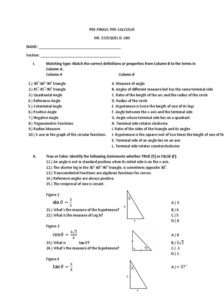 Pre Cal 4th Quarter Exam | PDF | Trigonometric Functions | Angle