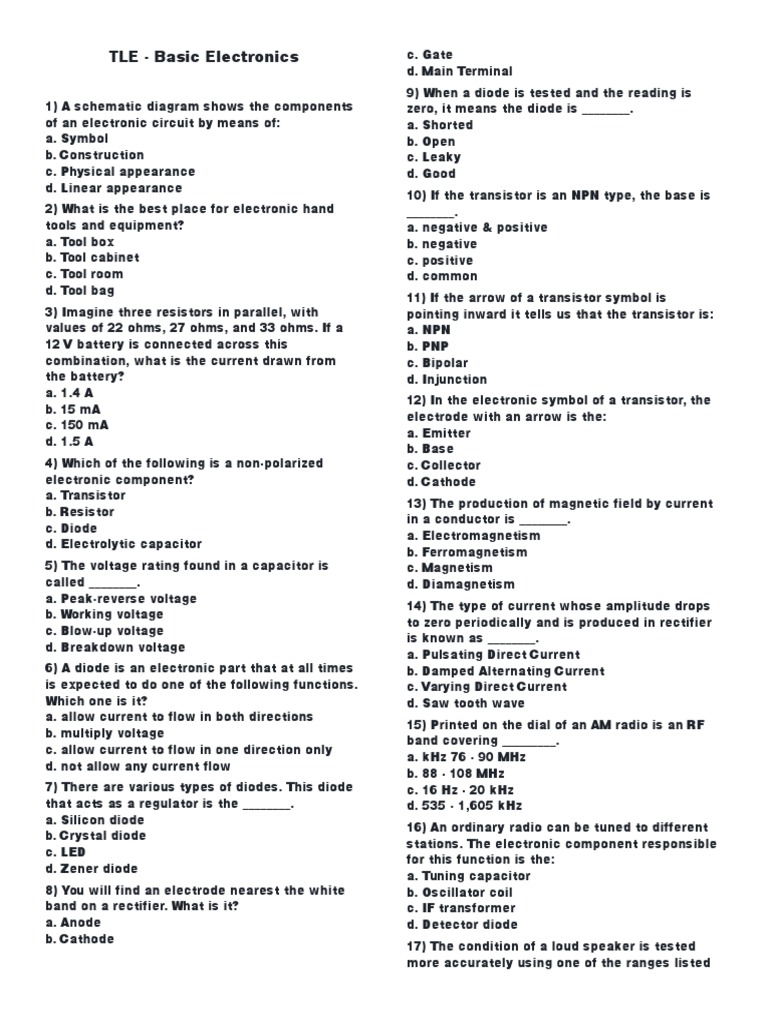 Tle Exam Basic Electronics | PDF | Rectifier | Bipolar Junction Transistor