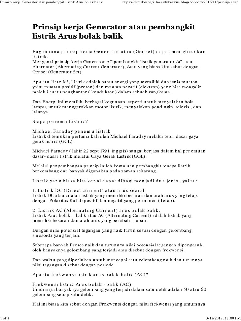 Prinsip Kerja Generator Atau Pembangkit Listrik Arus Bolak Balik | PDF