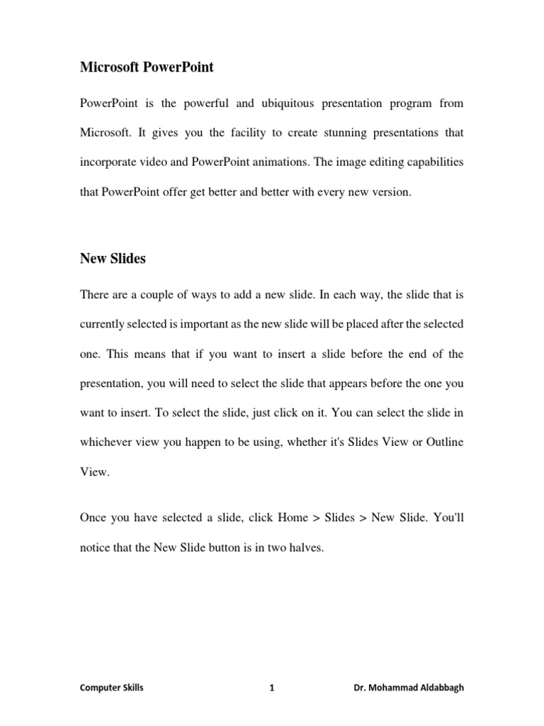 Microsoft Powerpoint: Computer Skills 1 Dr. Mohammad Aldabbagh | PDF ...
