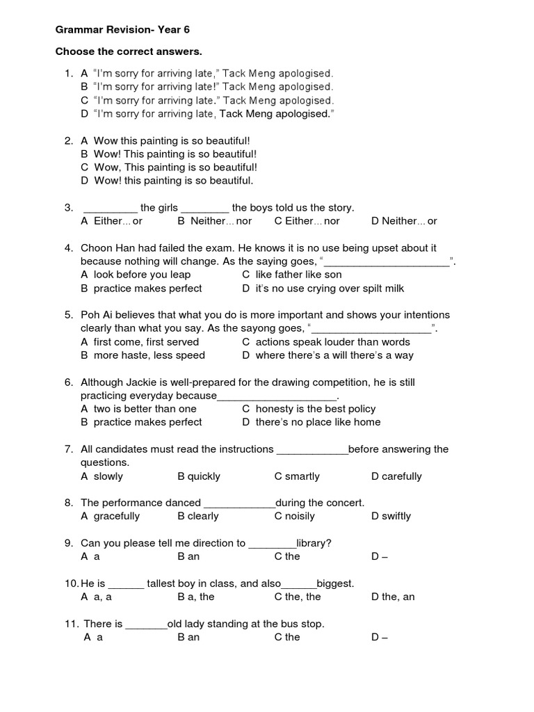 Grammar Revision-Year 6 Choose The Correct Answers | PDF