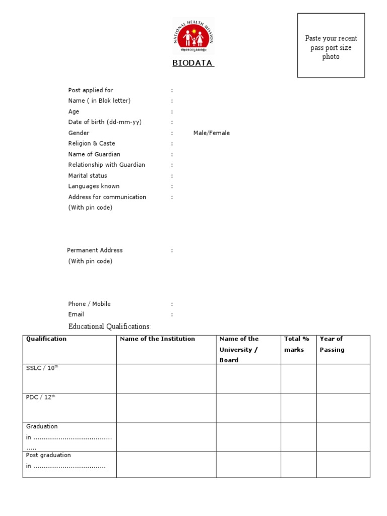 Paste Your Recent Pass Port Size Photo: Biodata | PDF | Communication