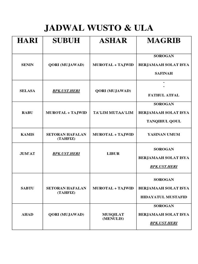 Jadwal Wusto Ula | PDF