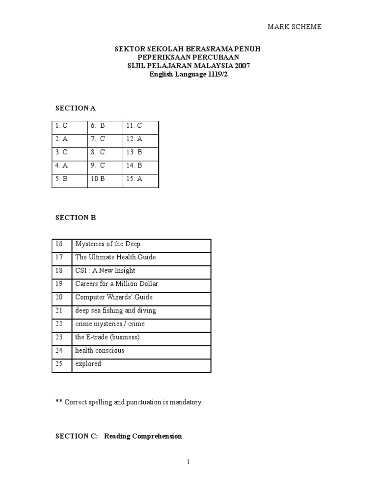 SPM Percubaan 2007 SBP English Language Paper 2 Marking Scheme | PDF ...