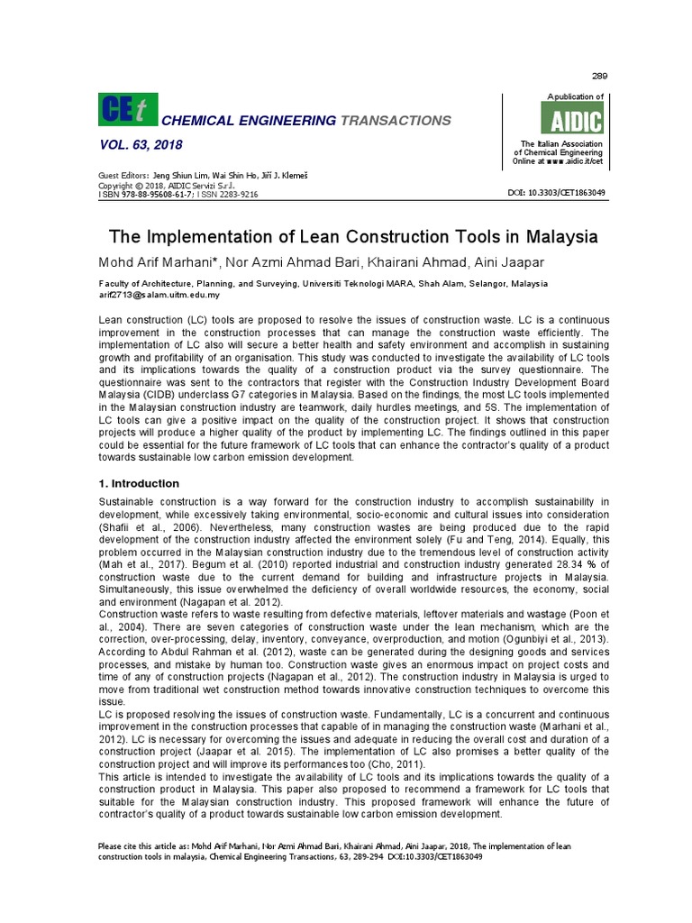 The Implementation of Lean Construction Tools in Malaysia: Chemical Engineering | PDF | Survey ...