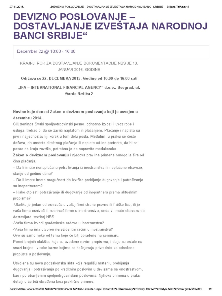 Devizno Poslovanje - Dostavljanje Izveštaja Narodnoj Banci Srbije" - Biljana Trifunović | PDF