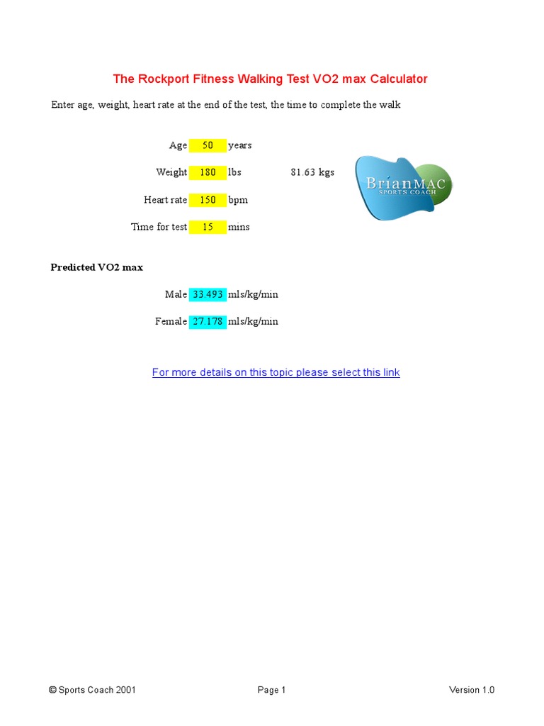 The Rockport Fitness Walking Test VO2 Max Calculator | PDF