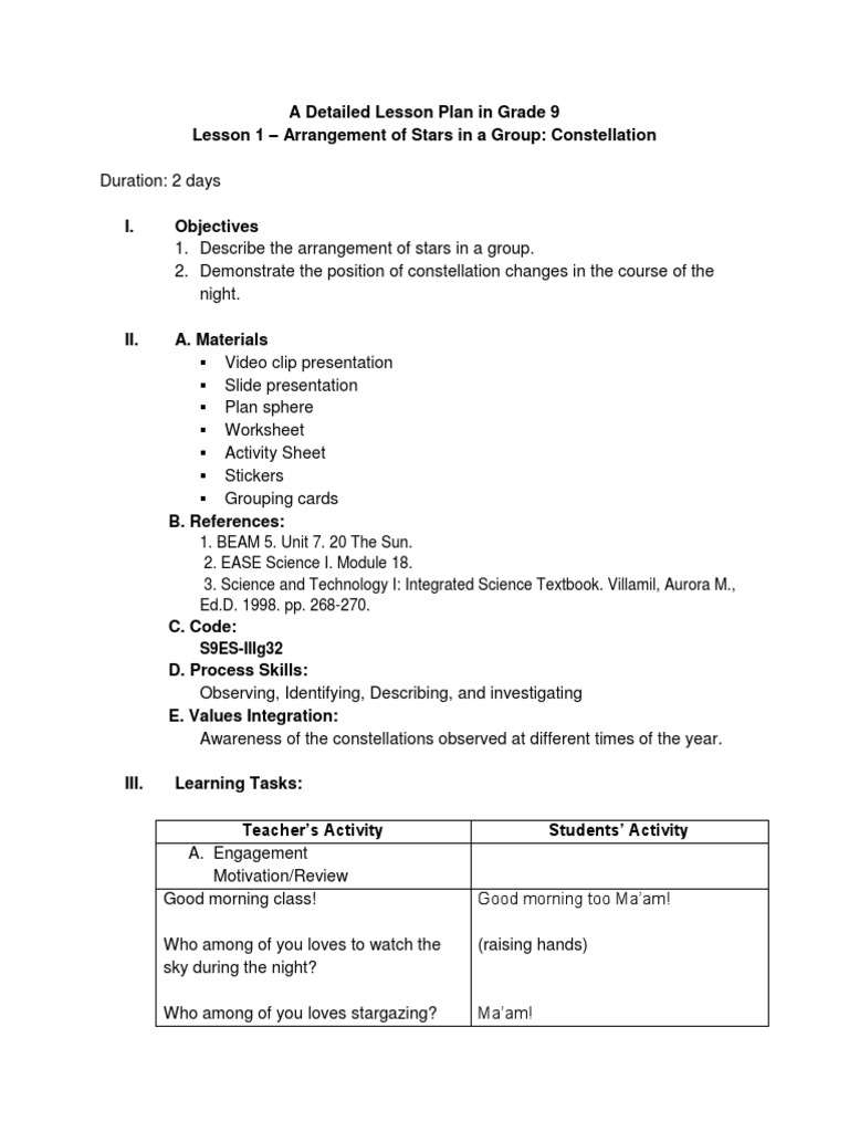 A Detailed Lesson Plan in Grade 9 Lesson 1 - Arrangement of Stars in A ...