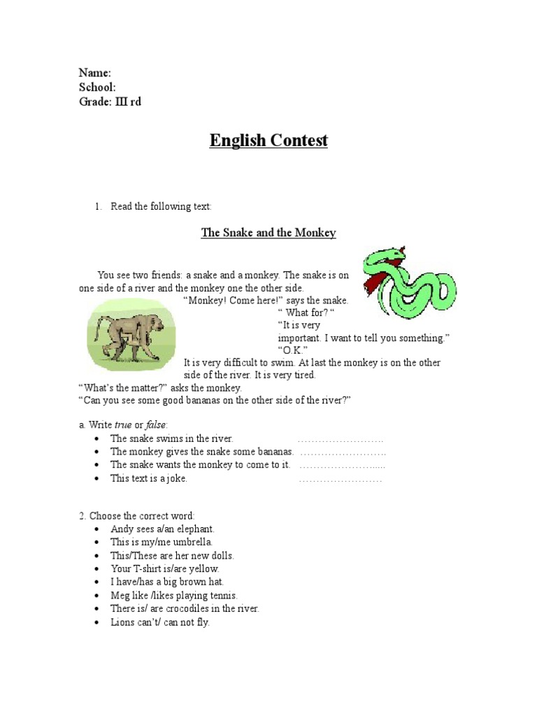 English Contest: Name: School: Grade: III RD | PDF | Home & Garden