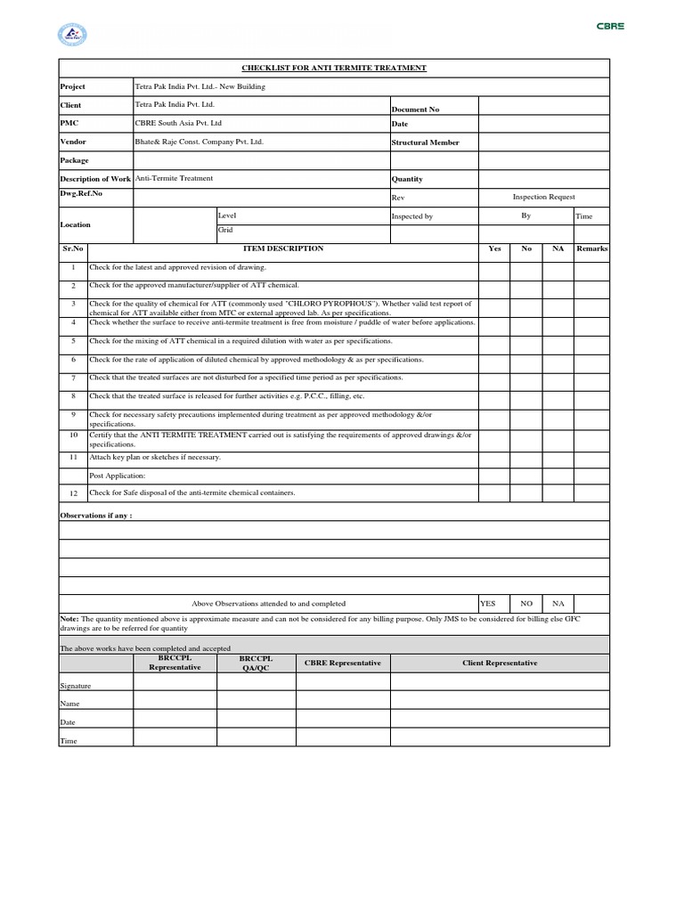 Anti-Termite Treatment Checklist | PDF | Specification (Technical ...