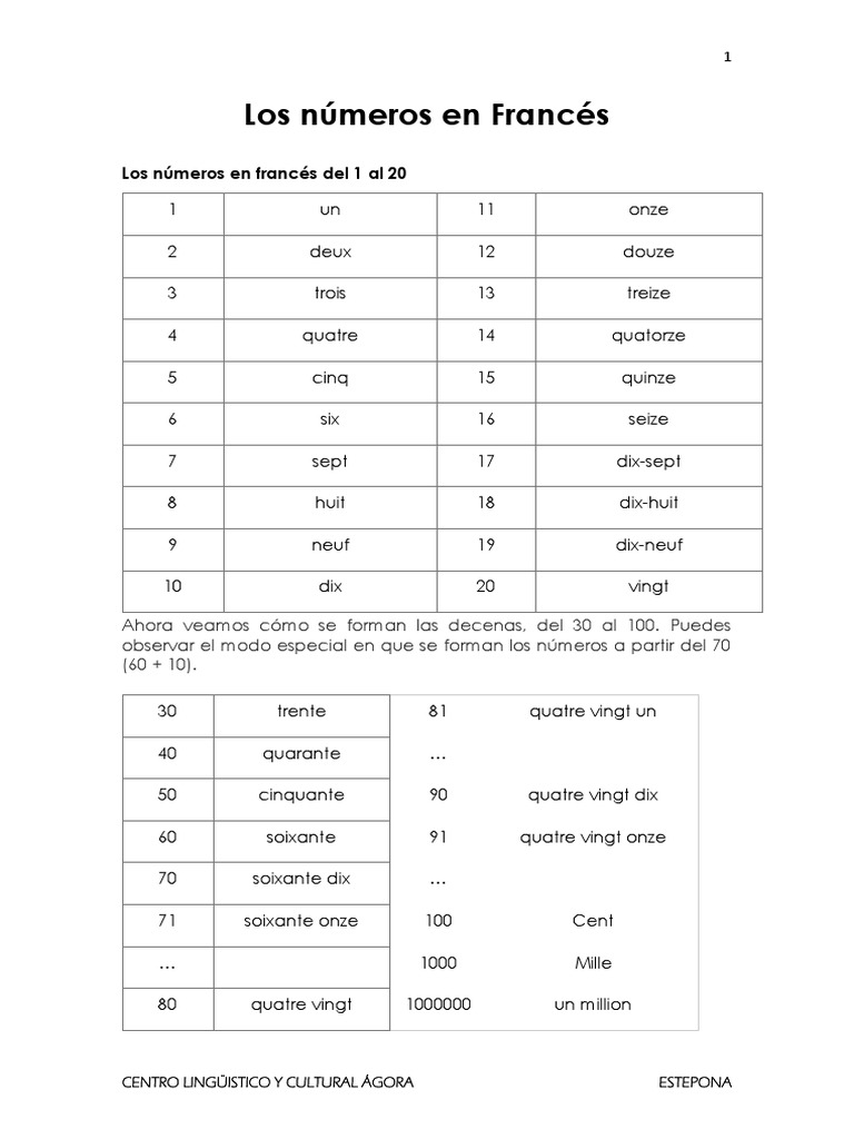 Números en Francés: Del 1 al 100 | PDF | Vocal | Verbo