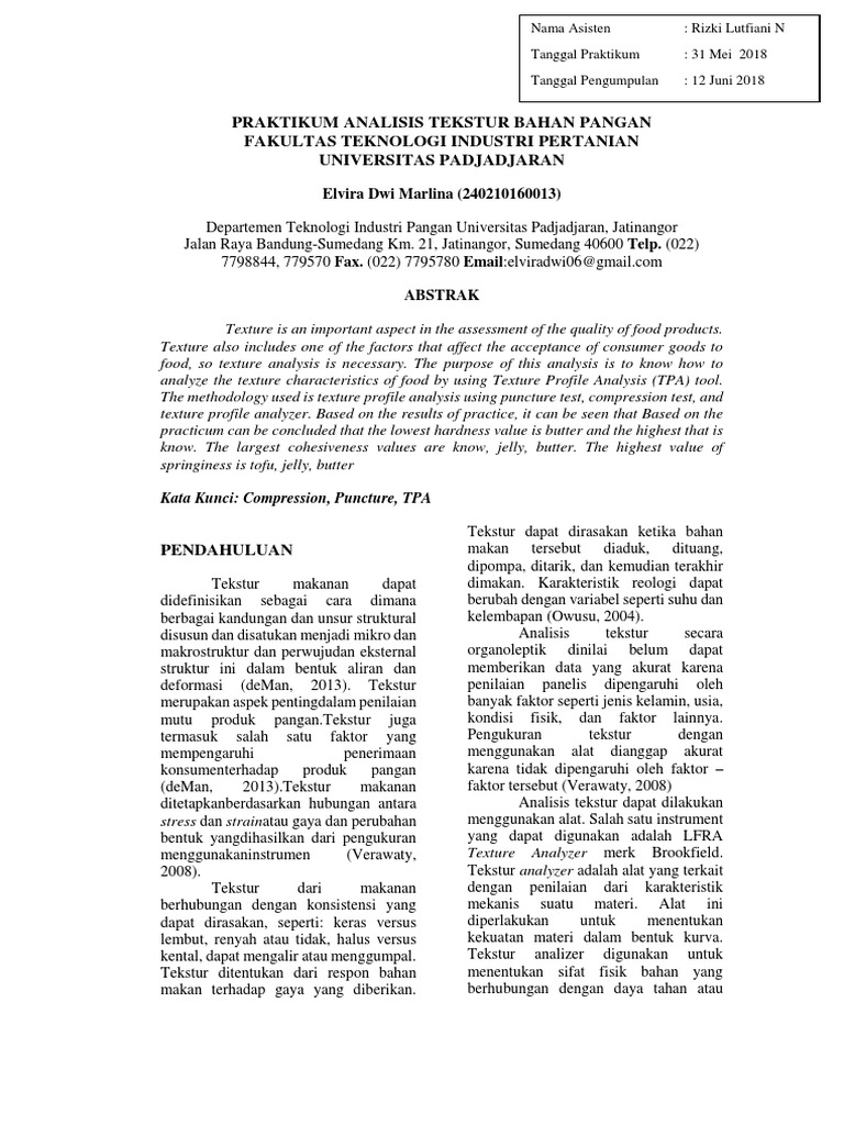 Analisis Tekstur Bahan Pangan Menggunakan Alat Texture Profile Analysis | PDF