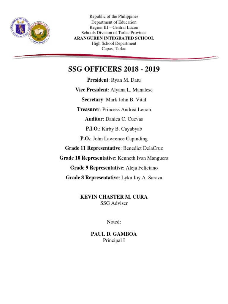 SSG OFFICERS 2018 - 2019: Aranguren Integrated School | PDF