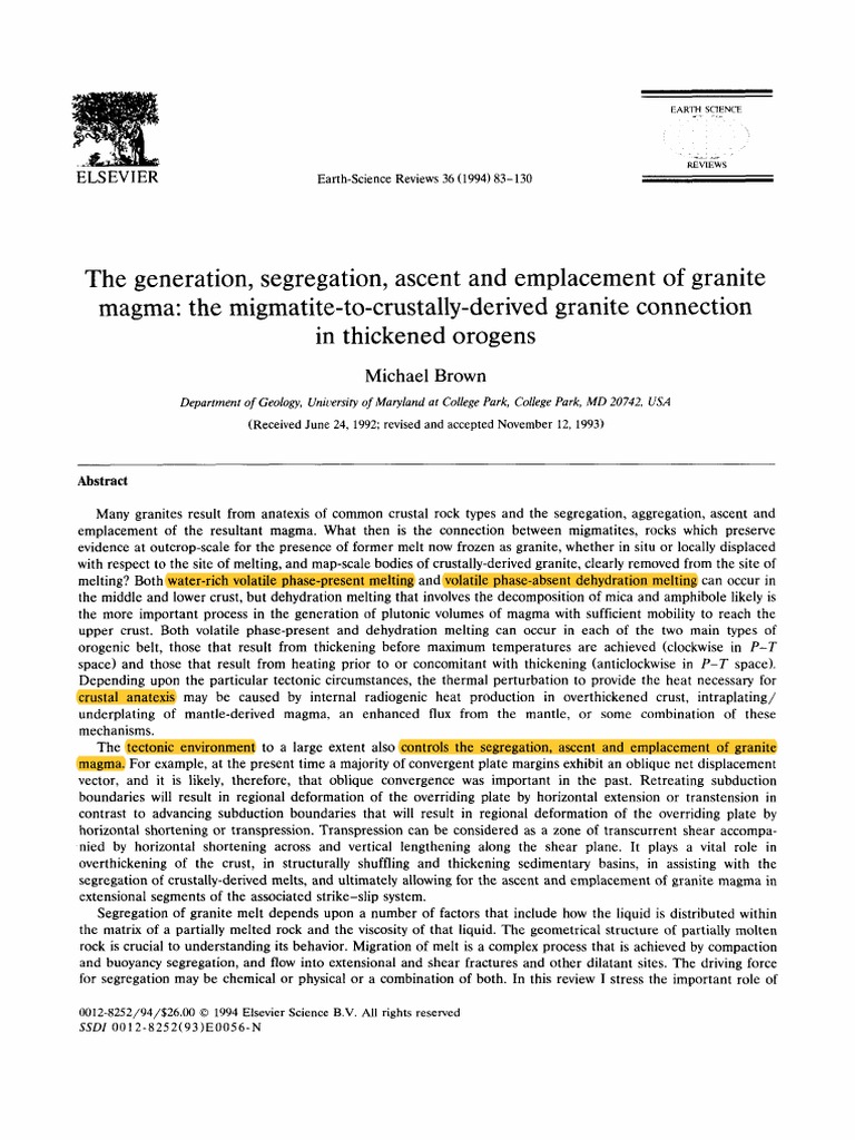 Brown (1994) The Generation, Segregation, Ascent and Emplacement of ...