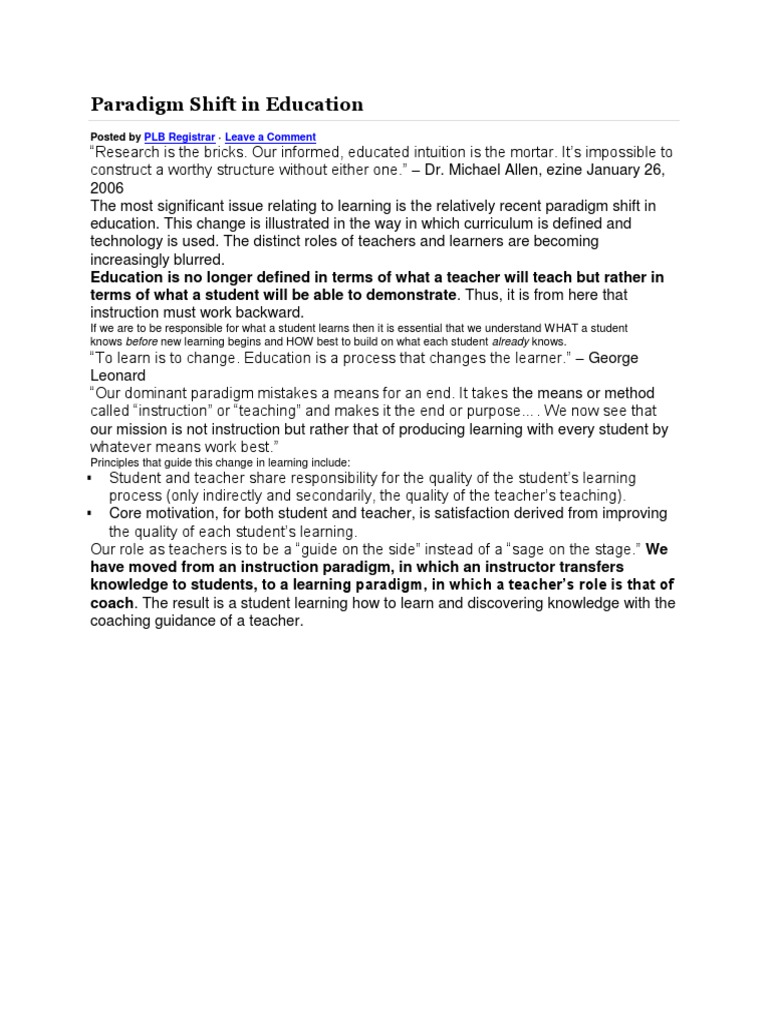 Paradigm Shift in Education | PDF | Educational Assessment | Language ...