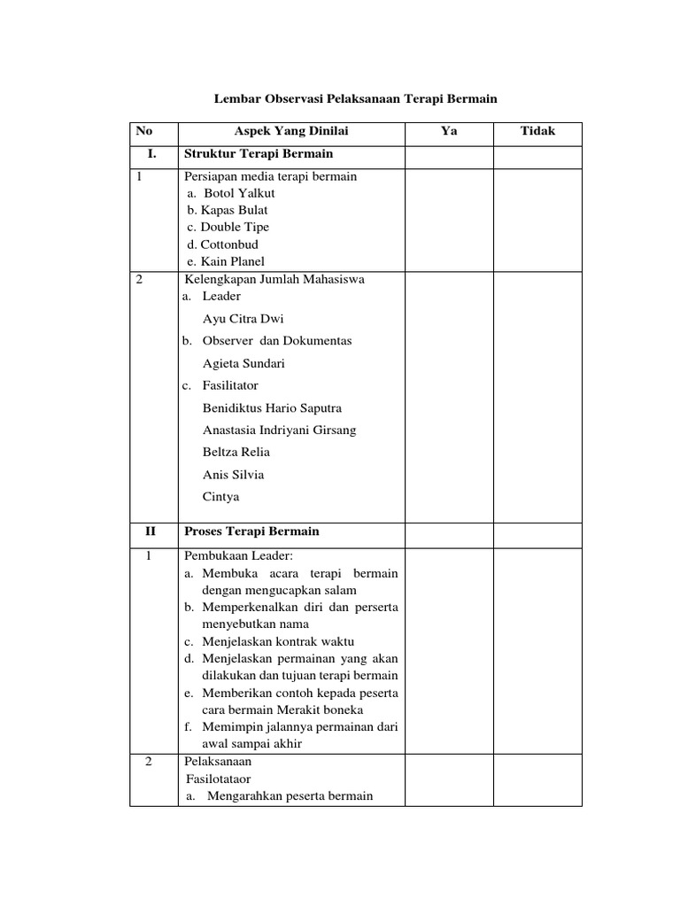 Lembar Observasi Pelaksanaan Terapi Bermain | PDF