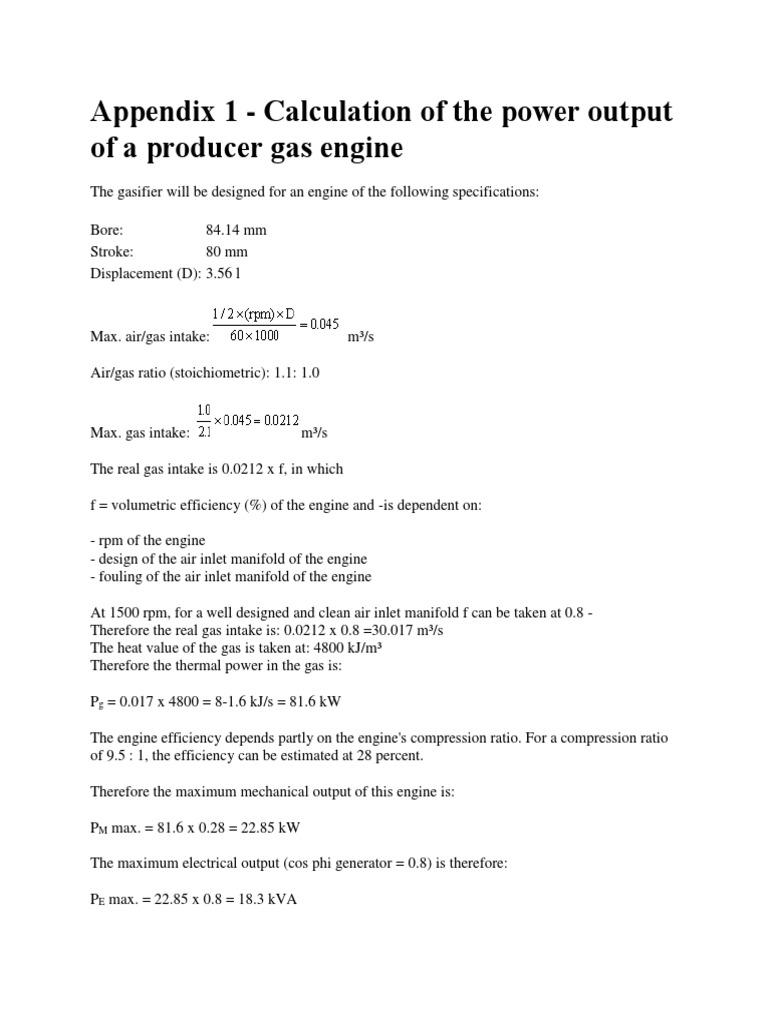 Appendix 1 - Calculation of The Power Output of A Producer Gas Engine | PDF