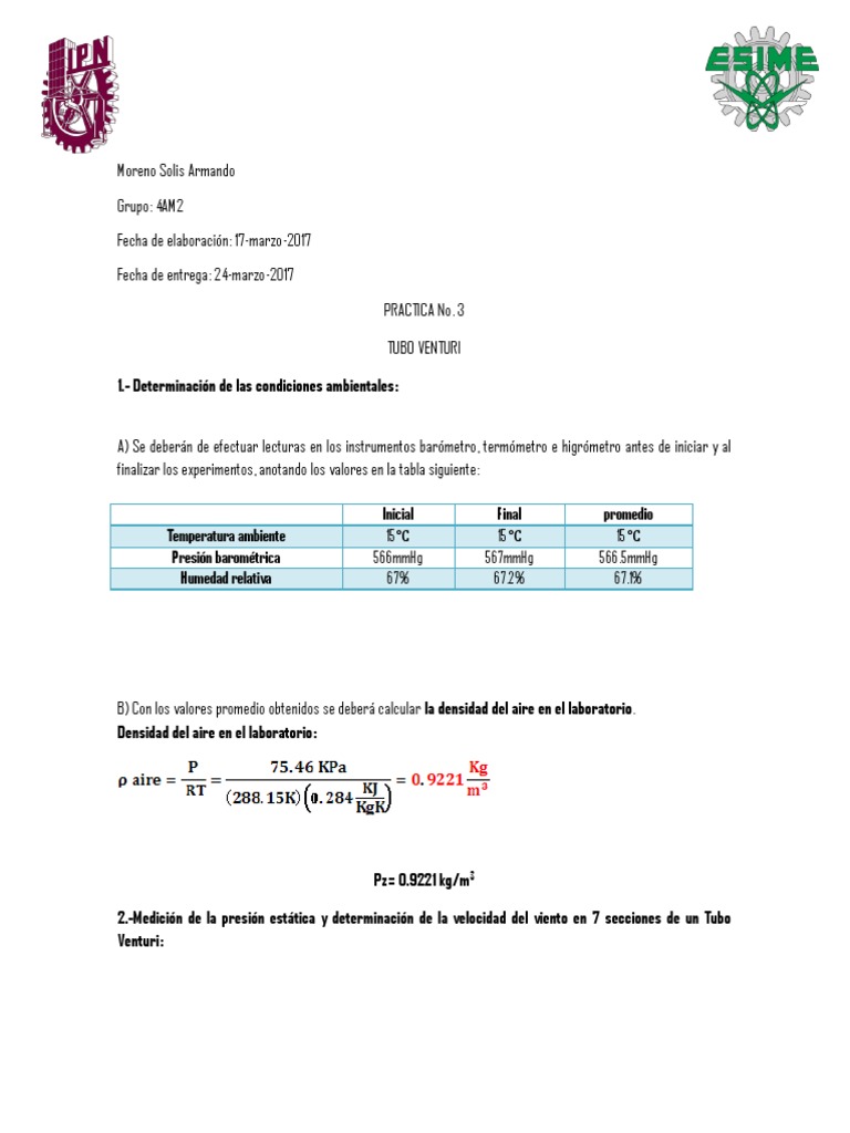 Practica 3 Tubo Venturi | PDF | Ecuaciones | Medida de presión