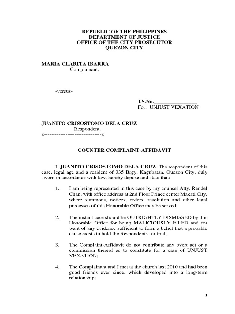 Counter Complaint (Unjust Vexation) | PDF | Virtue | Justice