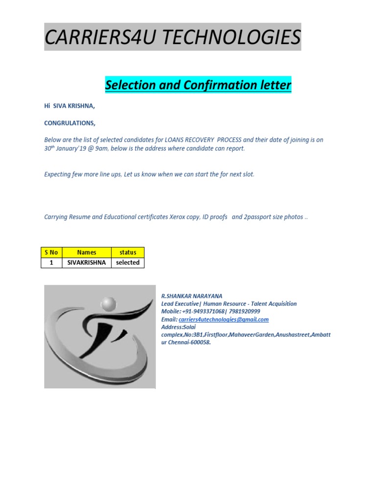 SIVA KRISHNA Order Letter | PDF