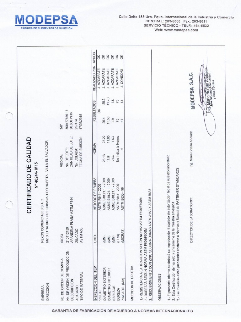 Certificados de Calidad de Pernos | PDF