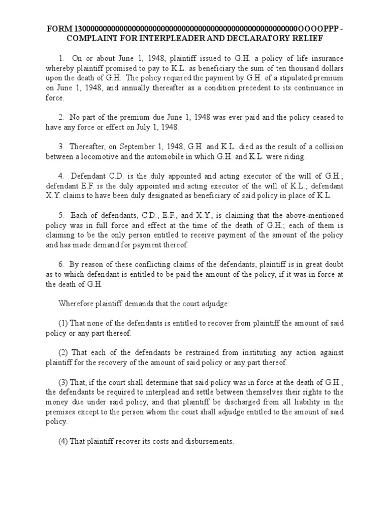 FORM 0000000000000000000000OOOOPPP - Complaint For Interpleader and Declaratory Relief | PDF