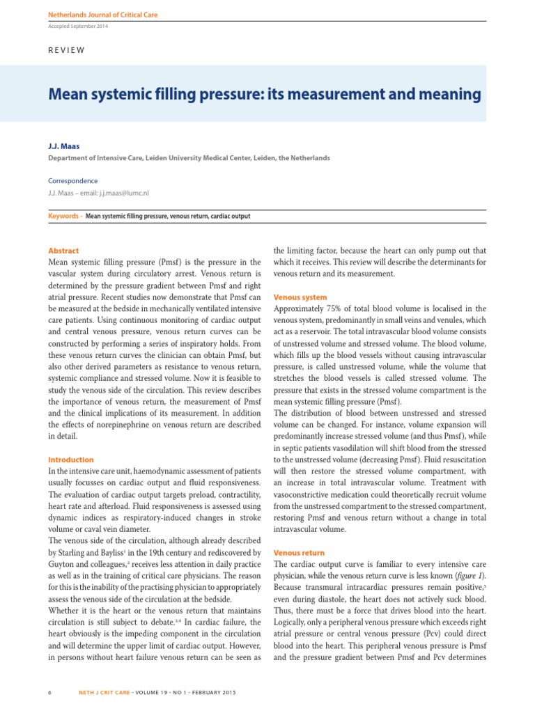 Mean Systemic Filling Pressure: Its Measurement and Meaning: Review ...