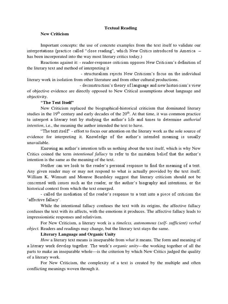 Textual Reading New Criticism: Intention, I.e., The Meaning The Author ...