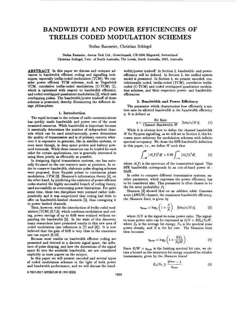 Bandwidth and Power Efficiencies of Trellis Modulation: Coded Schemes ...