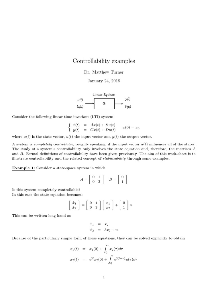 Controllability Examples: Dr. Matthew Turner January 24, 2018 | PDF ...