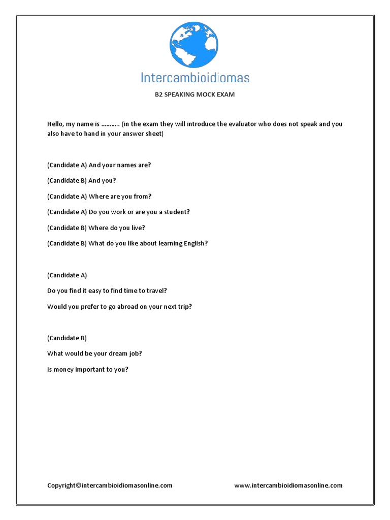 B2 Speaking Mock Exam | PDF | Test (Assessment) | Learning