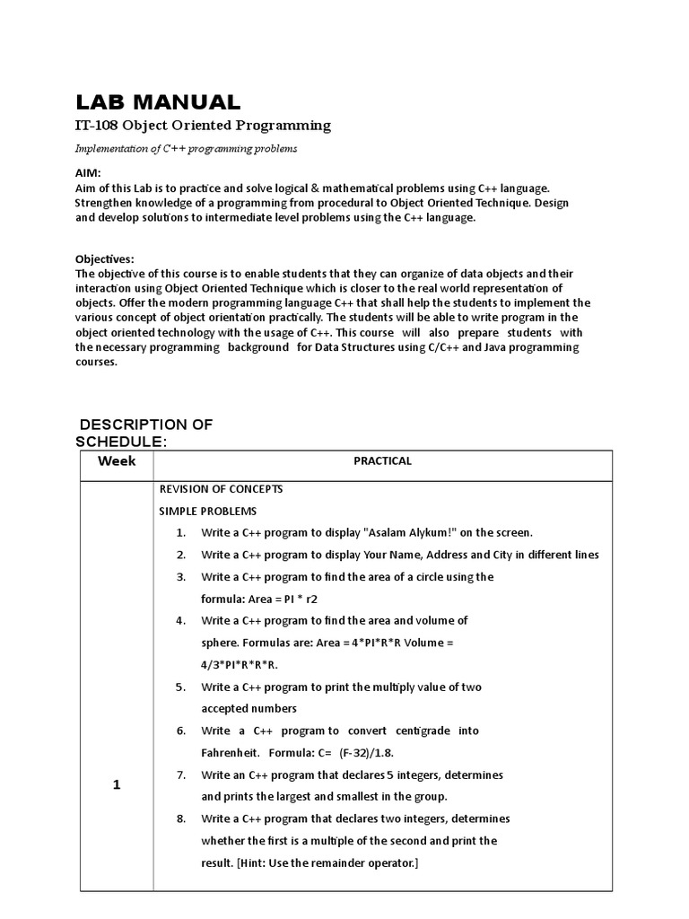 LABMANUALC++Using OOP | PDF | Class (Computer Programming) | Inheritance (Object Oriented ...