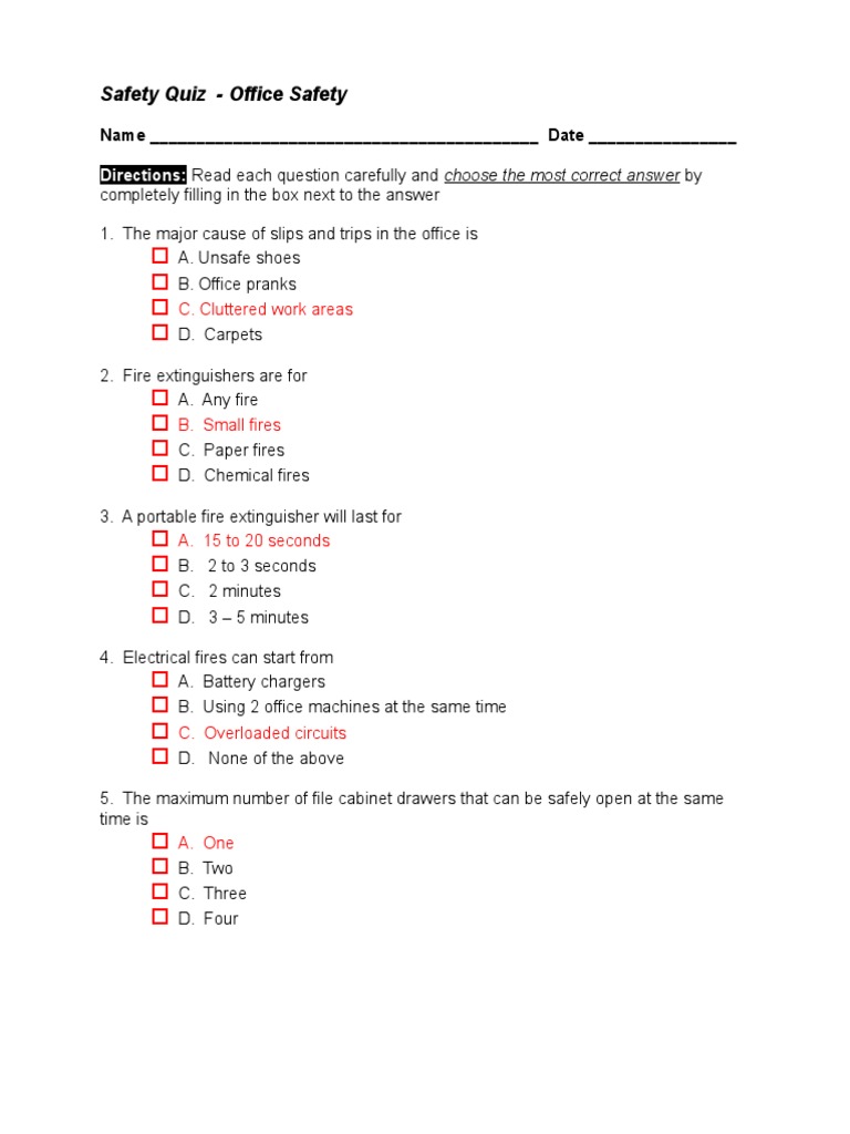 Safety Quiz - Office Safety Answer Key | PDF | Nature