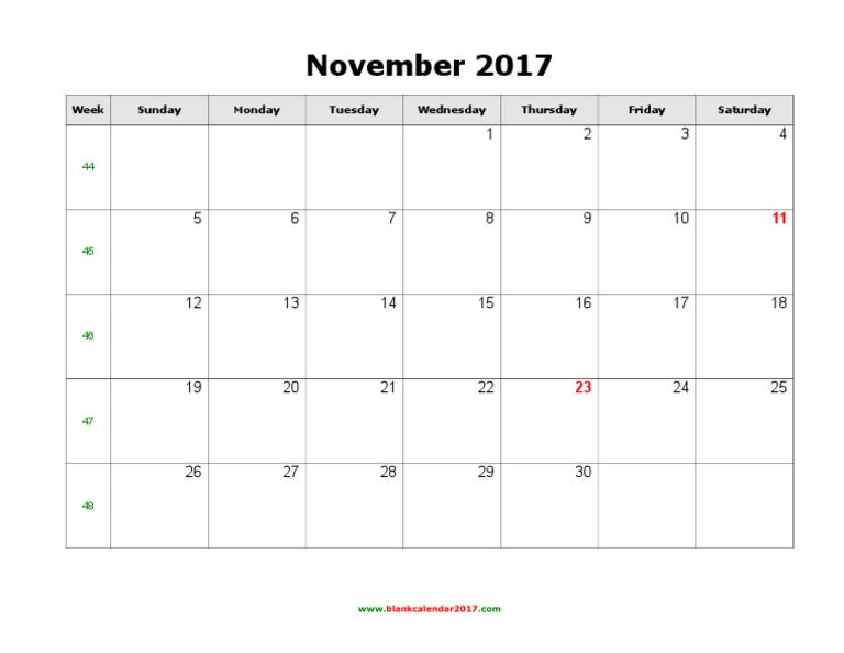 November 2017 Calendar Blank Landscape | PDF