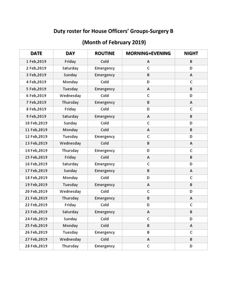 Duty Roster For House Officers' Groups-Surgery B (Month of February ...
