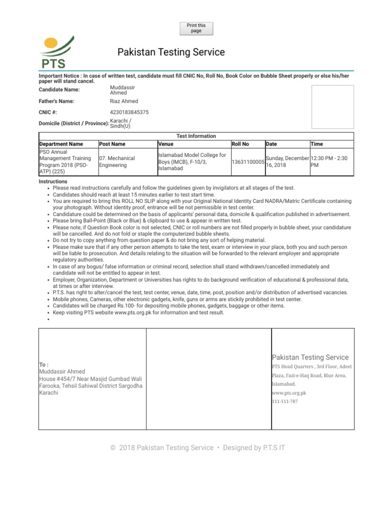 Pakistan Testing Service: Department Name Post Name Venue Roll No Date ...