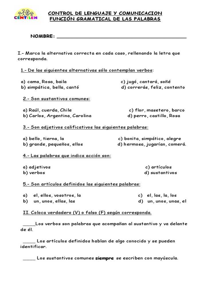 Prueba Partes de La Oraciones | PDF | Verbo | Sustantivo