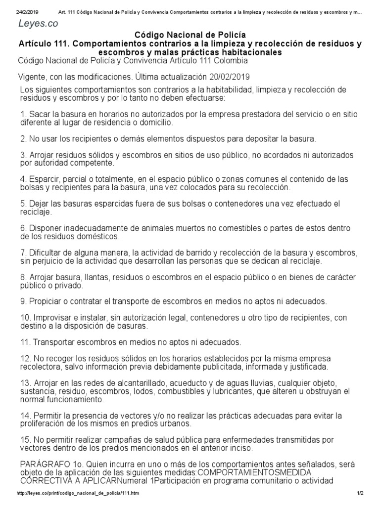 Ley 1801 de 2016, Articulo 111 | PDF | Residuos | Naturaleza